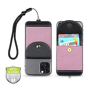 Cell Phone Wallet for Back of Phone with Wrist Strap, Stick On Wallet Credit Card ID Holder with RFID Protection Compatible with iPhone, Galaxy & Most Smartphones and Cases