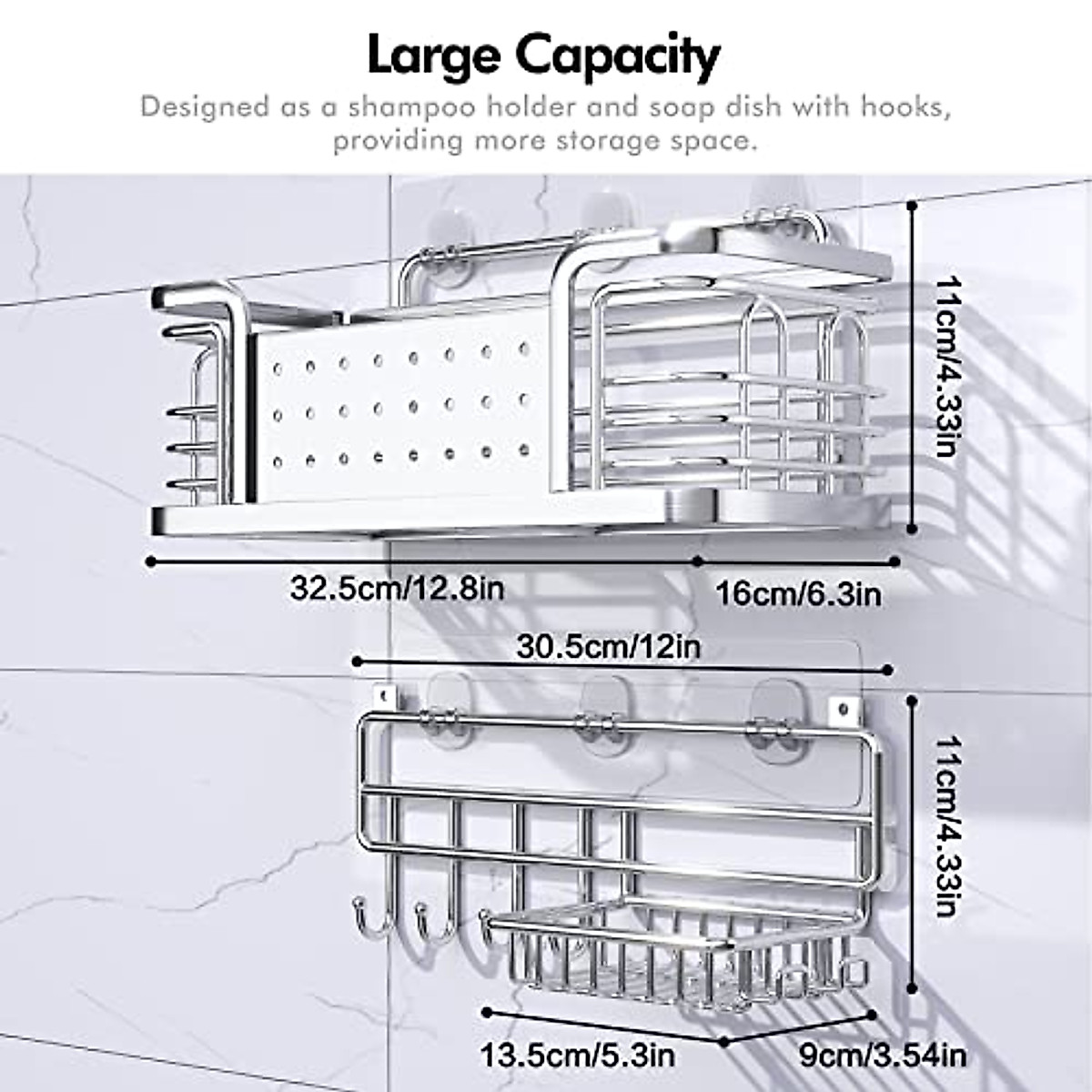 LIVOD Adhesive Shower Caddy with Soap Holder, Stainless Steel Shower Organizer with Hook, Wall Mount Rustproof Shower Shelf for Inside Shower, Polished SS