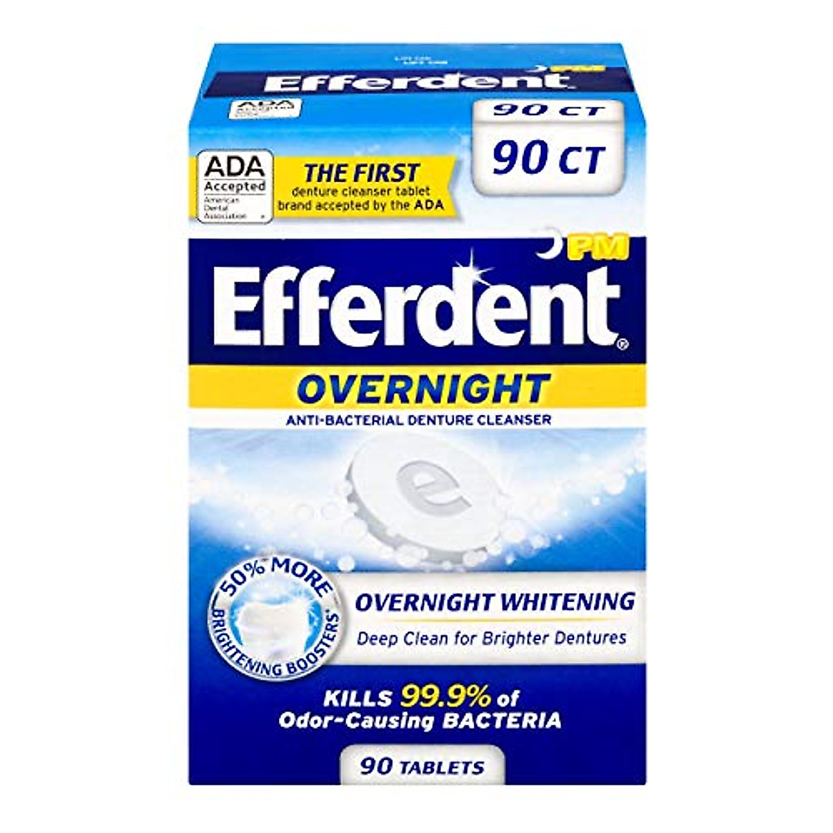 Efferdent PM Overnight Clean Anti-Bacterial Denture Cleanser Tablets, Kills Odor-Causing Bacteria with Powerful Oxi-Action, 90 Count (Pack of 1)