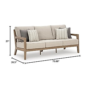 Signature Deisgn by Ashley Hallow Creek Outdoor Sofa with Cushion, 76" W x 36" D x 37" H, Light Brown & Beige