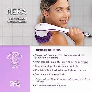 Spa Sciences - NERA - Power Shower Brush - 3-in-1 Multifunction Back & Body Brush - Exfoliation, Cleansing, Massaging - for All Skin Types - Includes Body Brush, Loofah, & Pumice Stone - USB Charging