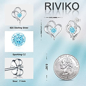 RIVIKO Love Heart Earrings For Women 925 Sterling Silver Gold Plated Zirconia March Birthstone Stud Earrings for Mother Wife Sister Birthday Valentine's Mothers Day Christmas Jewelry Gift