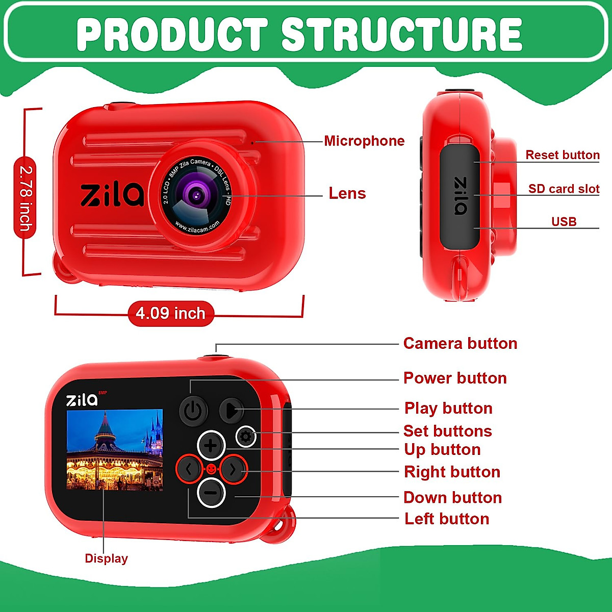 HD Kids Digital Camera,8 MP Photo and 1080P Video, 4X Zoom Waterproof and Dustproof Children's Digital Camera for Daily Use, Toys for Boys and Girls Over 3 Years Old.
