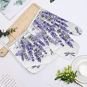 Kitchen Oven Gloves Lavender Flower Oven Mitts Pot Holder Set Purple Floral Dragonfly Hot Pad Sets for Kitchen BBQ Cooking Baking Grilling Heat Resistance