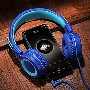 POWMEE P10 Kids Headphones with Microphone Stereo Headphones for Children Boys Girls,Adjustable 85dB/94dB Volume Control Foldable On-Ear Headphone with Microphone for School/PC/Cellphone(Blue)