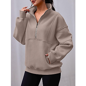 AUTOMET Womens Quarter Zip Oversized Sweatshirts Cute Long Sleeve Jackets Casual Hoodie for Teen Girls with Pockerts Beige