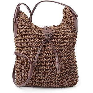 Beach Bag Straw Bags Hand-Woven Straw Bag, Women Handbag Shoulder Bag Straw Weave Tote Purse Lady Beach Hobo Bag Crossbody Coffee