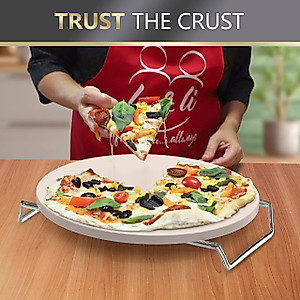 La & Li Pizza Stone for Grill and Oven - 13" Ceramic Round Oven Pizza Stone Set with Multipurpose Rack with Handles, 6 Plates, & Apron - Pizza Stone for Oven for Baking, Pizza, Bread, Cookies, & More