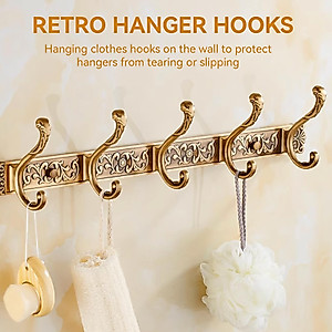 Coat Rack Wall Mounted, Aluminum Wall Hooks for Hanging with 5 Hooks Vintage Gold Wall Mount Coat Rack Key Holder for Wall Hallway