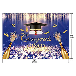 AIBIIN 7x5ft Congrats Grad Backdrop Blue Gold Glitter Graduation Party Decorations Class of 2023 Congratulate Graduation Prom Party Banner Photo Booth Props
