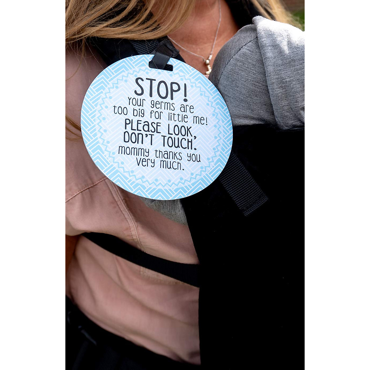 THREE LITTLE TOTS – Blue Stop Please Look Don't Touch Baby Car Seat Sign or Stroller Tag - CPSIA Safety Tested
