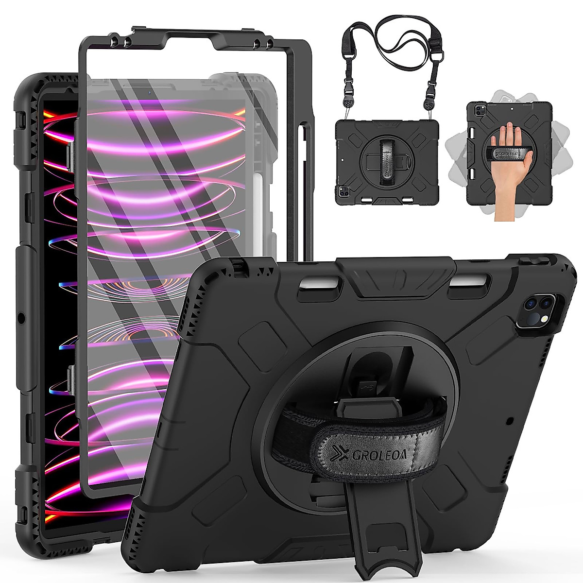 GROLEOA for iPad Pro 12.9 Case 2022/2021/2020 with Pencil Holder Screen Protector, iPad Pro 12.9 inch 6th/5th/4th Generation Cover, Full Body Shockproof Protective Rubber Case W/Stand Strap, Black