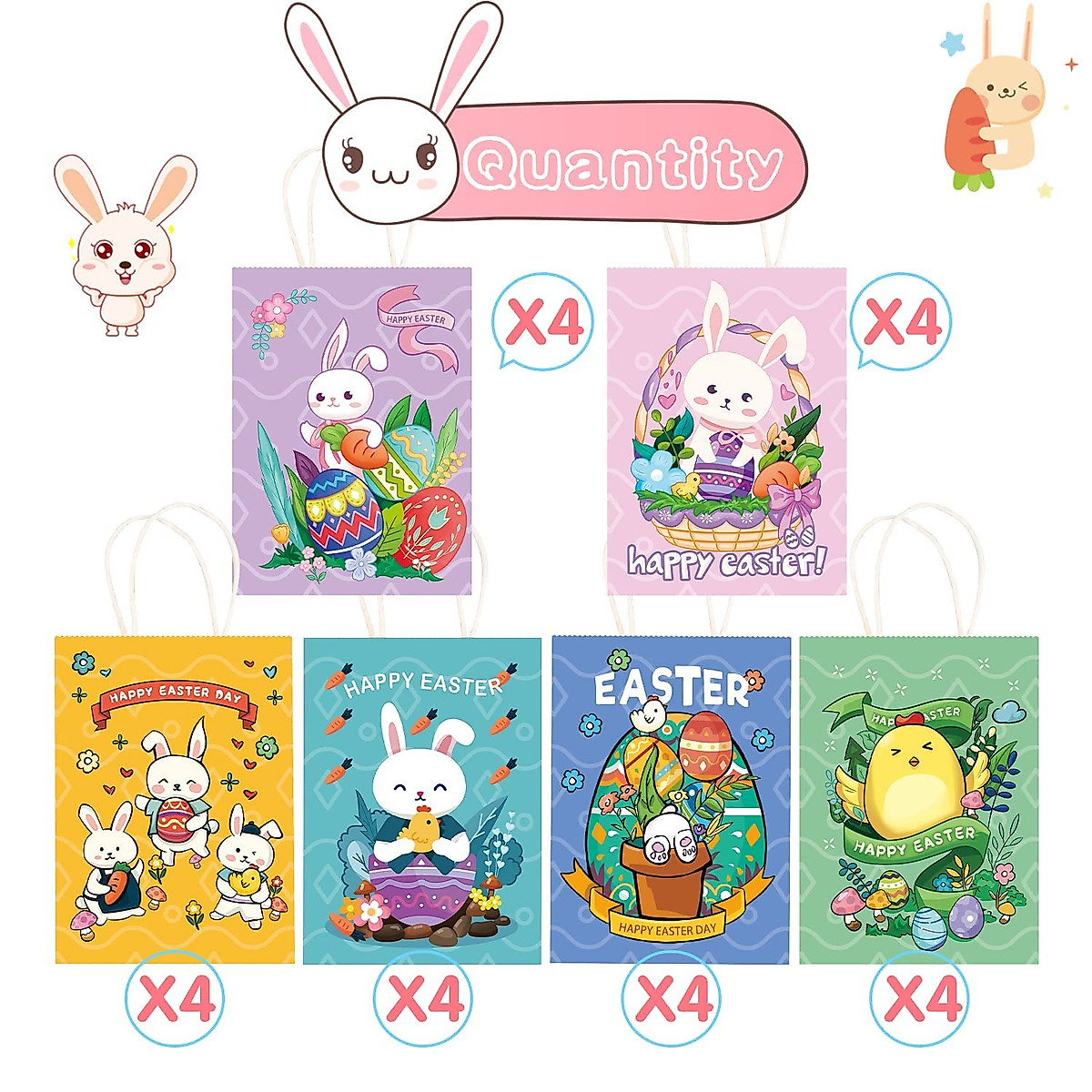 KINQKESO 24 PCS Easter Gift Bags,Easter Bags with Handles for Easter Egg Hunt,Easter Treat Bags with Happy Easter Eggs Bunny Designs for Kids Easter Party Favor Supplies
