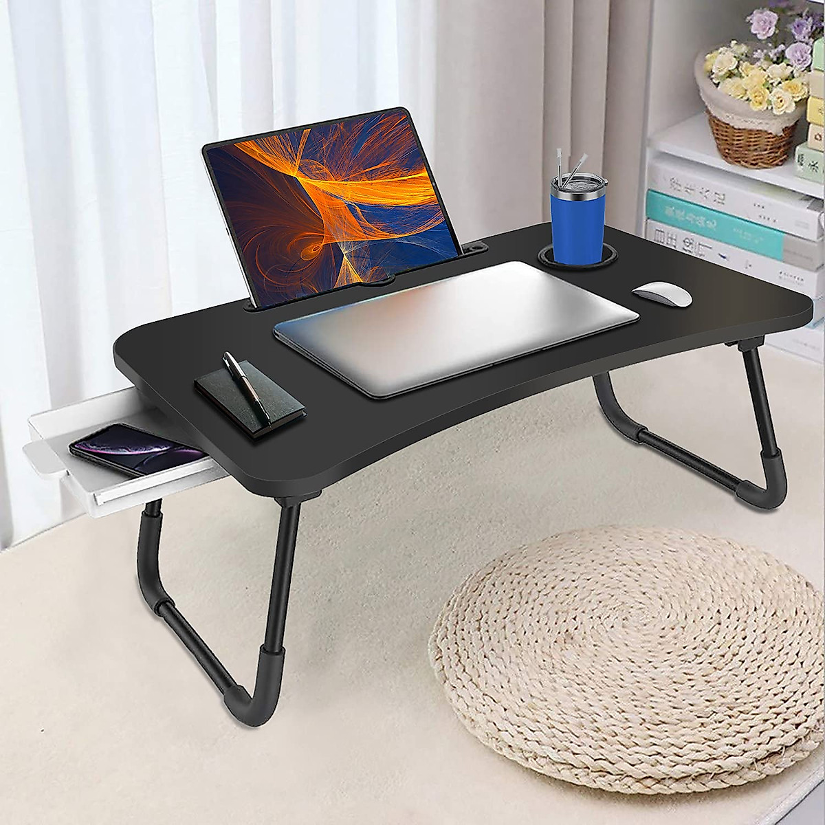 Fayquaze Laptop Bed Table, Portable Foldable Laptop Bed Desk with Storage Drawer and Cup Holder, Lap Desk Laptop Stand Tray Table Floor Table Serving Tray for Eating, Reading and Working