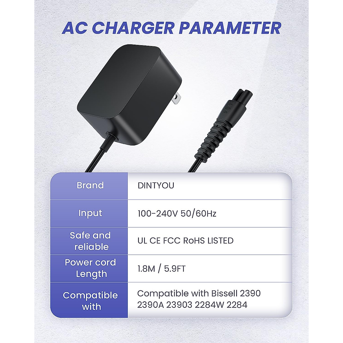 Replacement for Bissell Pet Hair Eraser Charger, Power Cord Compatible with Bissell 2390 2390A 23903 2284W 2284 14.4V Lithium Ion Cordless Handheld Vacuum 1614206 Adapter
