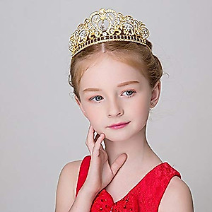 Gold Crown Cake Topper Girls Princess Queen Tiara Summer Wedding Bride Bridal Crown Rhinestone Royal Clear Austrian Crystal Party Headband Cake Topper, 6" Diameter