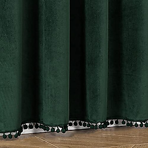 VANASEE Pompom Velvet Curtains for Bedroom Rod Pocket 52x84 inch Soft Blackout Window Curtains Room Darkening Drape Light Blocking for Living Room 2 Panels,Green