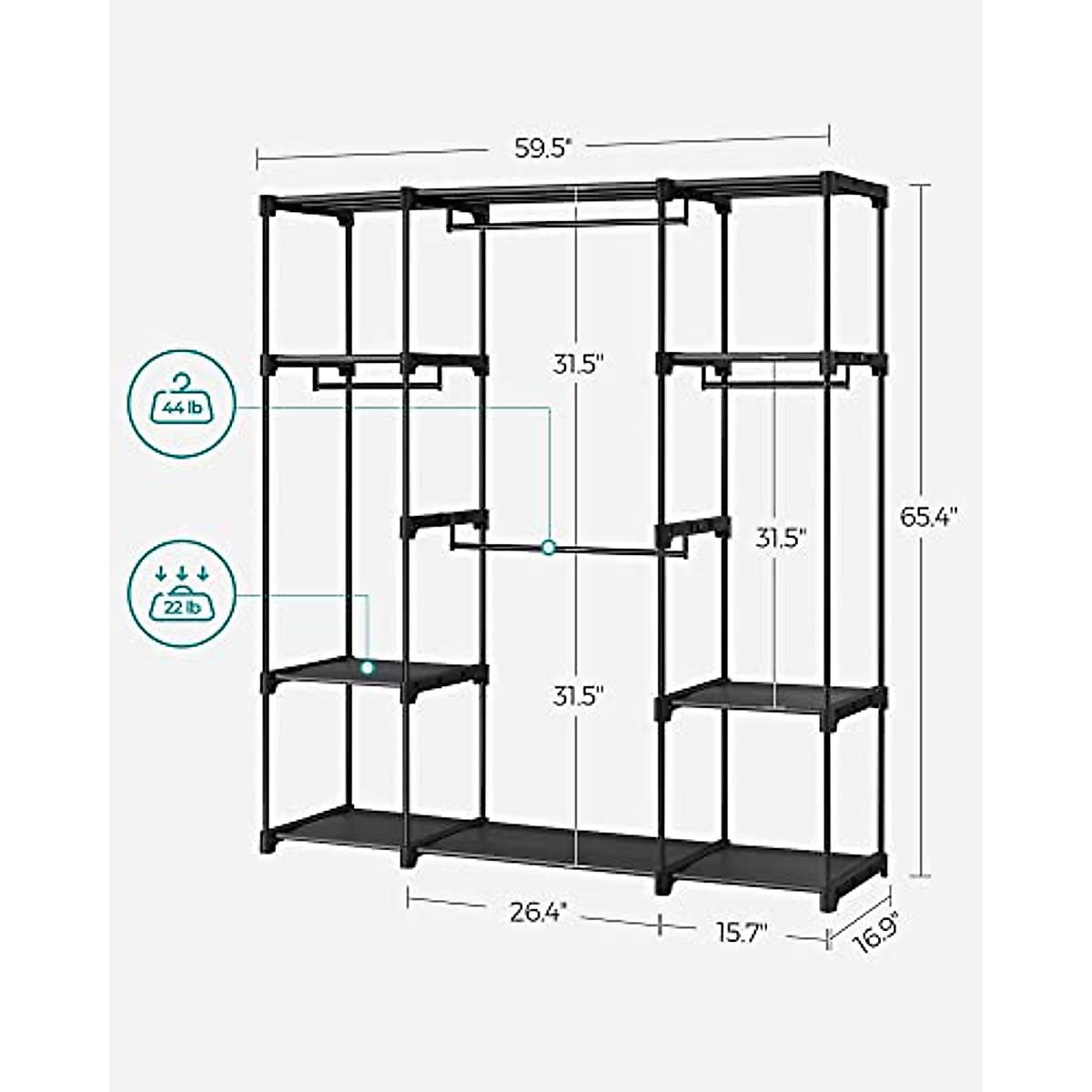 SONGMICS Portable Closet, Freestanding Closet Organizer, Clothes Rack with Shelves, Hanging Rods, Storage Organizer, for Cloakroom, Bedroom, 59.5 x 16.9 x 65.4 Inches, Black URYG036B02