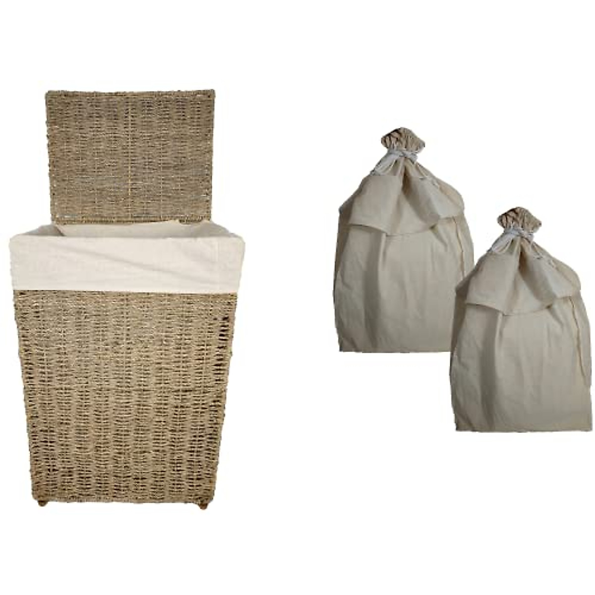 The Acacia Store 100% Natural Rectangular Seagrass Laundry Hamper with 2 100% Cotton Laundry Bags, Foldable with 4 legs made from bamboo and 2 handles, made in Vietnam, 12 x 16 x 24 Inches