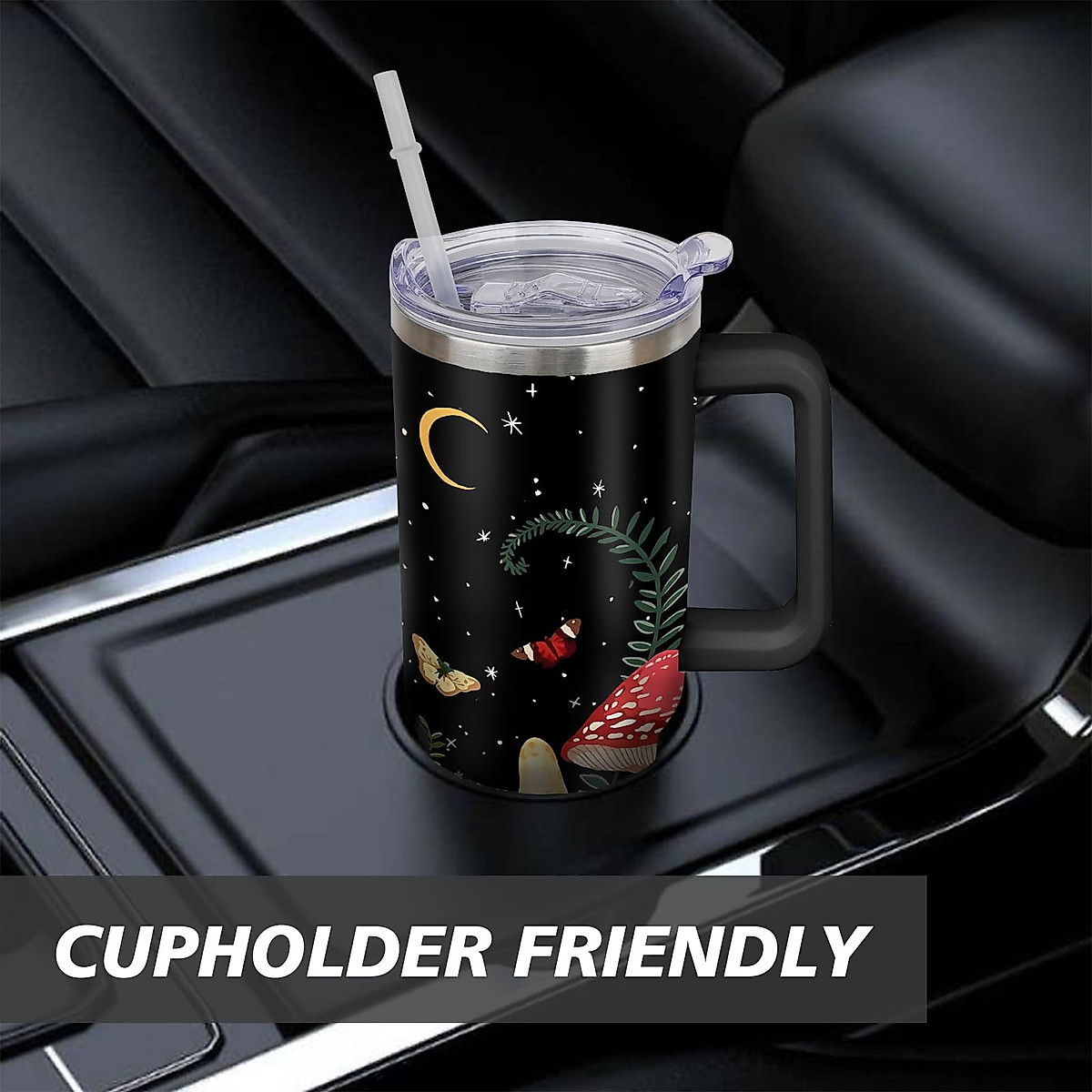 thmasamwr Mushroom Tumbler with Lid and Straw, Stainless Steel Mushroom 40oz Tumbler with Handle, Black Mushroom Travel Coffee Mug Mushroom Gifts Cups for Women and Men