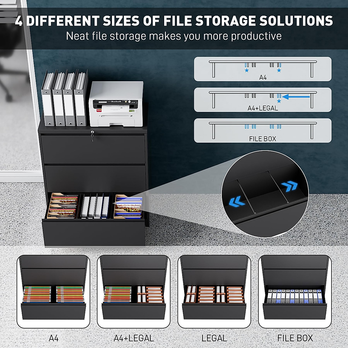 WIILAYOK Lateral File Cabinet with Lock,3 Drawer File Cabinet for Home and Office, Organizer Storage Lateral Locking Filing Cabinet, Black