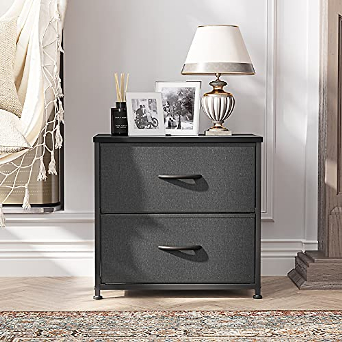 CubiCubi Dresser Nightstand for Bedroom, Small Kids Bedroom Fabric Tall Dresser 2 Drawer Storage Tower Organizer Unit for Hallway Entryway Closets, Steel Frame Wood Top, Black Grey