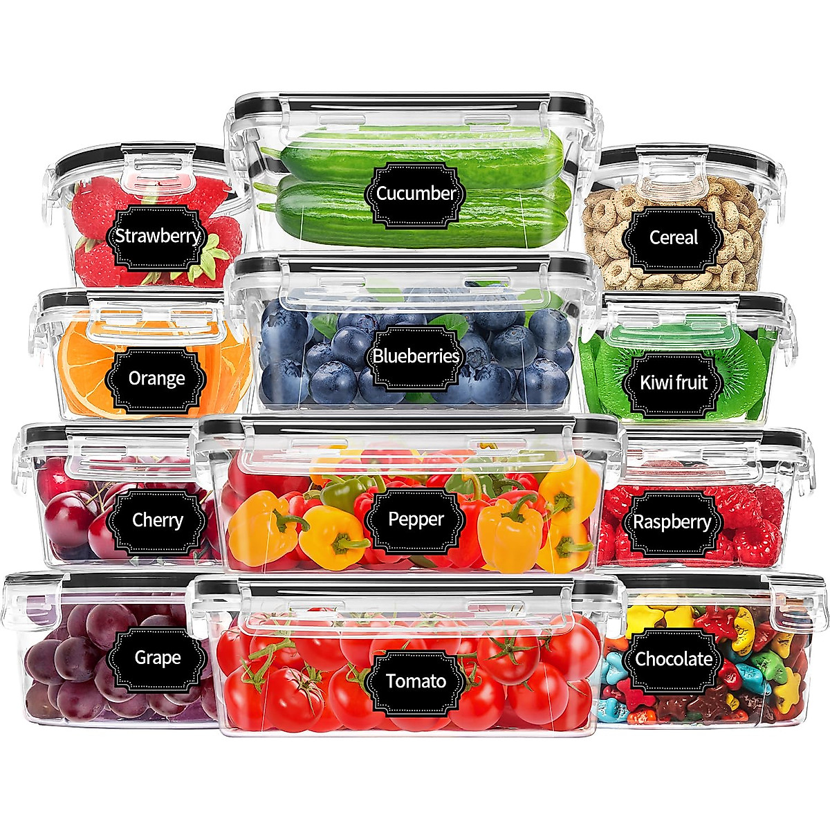 Skroam 12 Pack Airtight Food Storage Containers with Lids (6 Plastic Food Containers+6 Lids), BPA Free Kitchen Storage Containers for Pantry & Kitchen Organizer Storage, Fridge Containers, 20 Labels