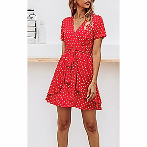ECOWISH Women's V Neck Polka Dot Ruffles Mini Sexy Dress Short Sleeve Wrap Summer Dresses with Belt Red Small