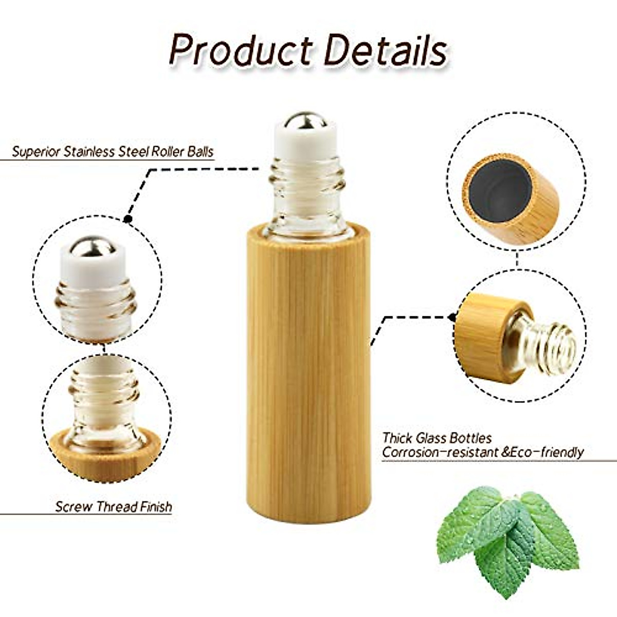 AUHOKY 12Pcs 5ml Bamboo Roll on Bottles for Essential Oils, Portable Massage Oil Bottle with Stainless Steel Roller Ball, Reusable Travel Perfumes Sample Lip Gloss Container (1 Opener)