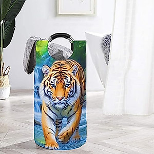 Dujiea 82L X-Large Laundry Basket Tall, Moonlight Tiger Collapsible Laundry Hampers with Aluminium Handles Big Clothes Basket Kids Laundry Bin Round Storage Basket for Dorm Room