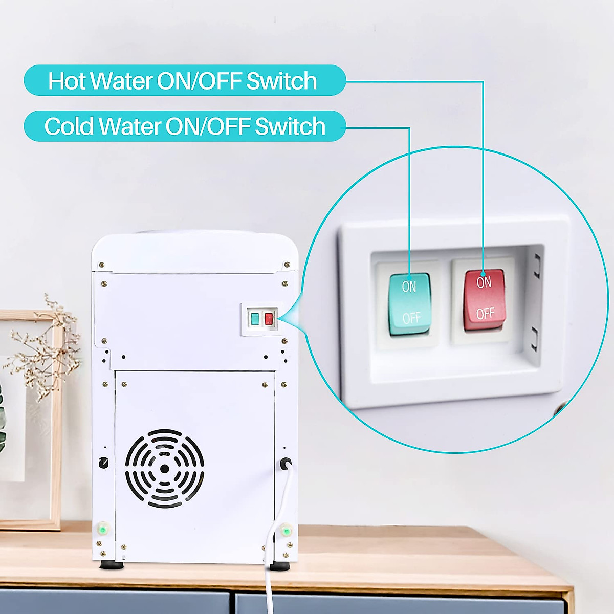 PUREPLUS Water Cooler Top Loading Countertop Water Cooler Dispenser, Hot & Cold Water, Child Safety Lock, Holds 3 or 5 Gallon Bottles, Compression Refrigeration Technology, Black