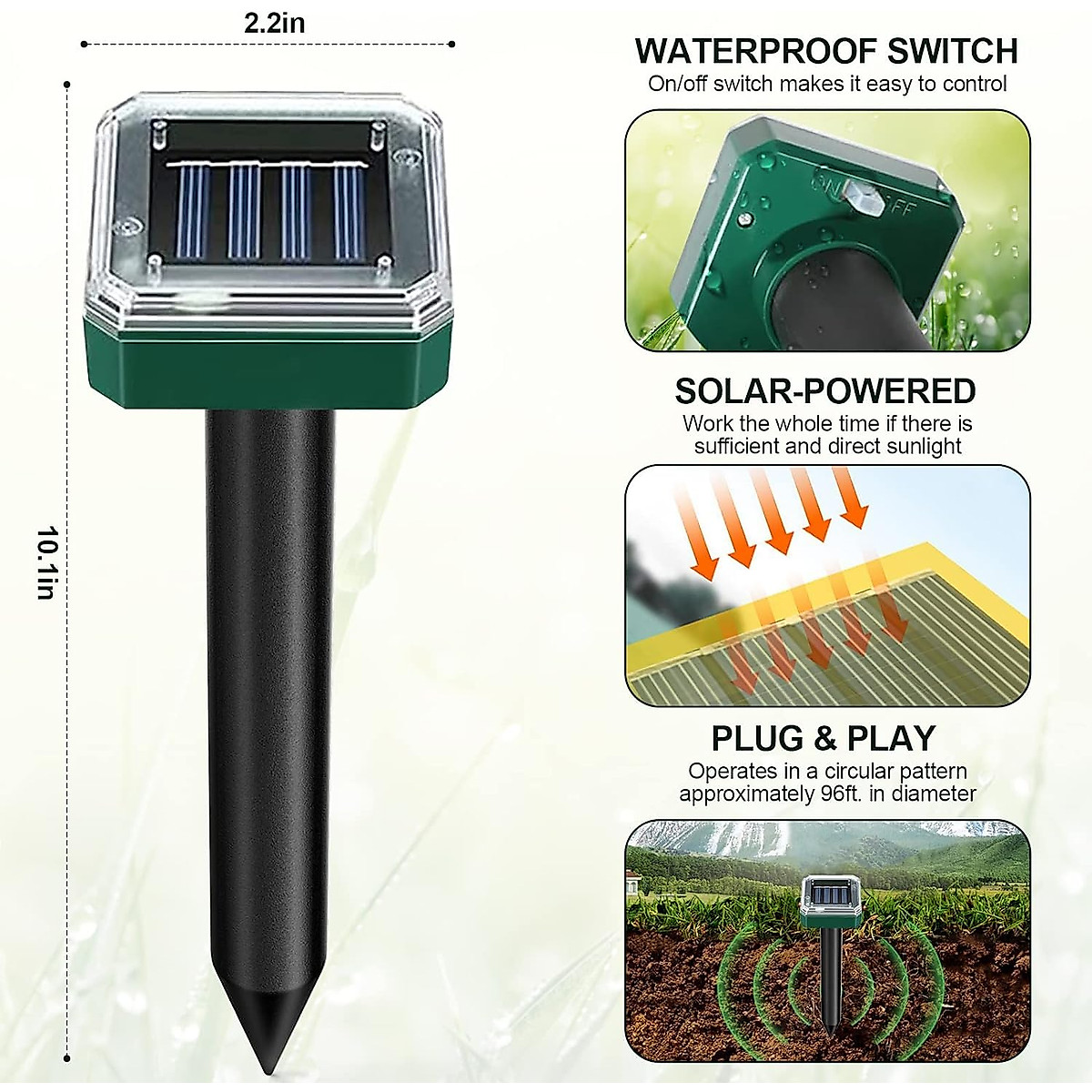 Mole Repellent for Lawns 4 Pack Snake Repellent for Yard Solar Gopher Trap Groundhog Vole Repellent Ultrasonic Spike Outdoor Waterproof Sonic Chipmunk Rodent Garden Burrowing Animals Deterrent Stake