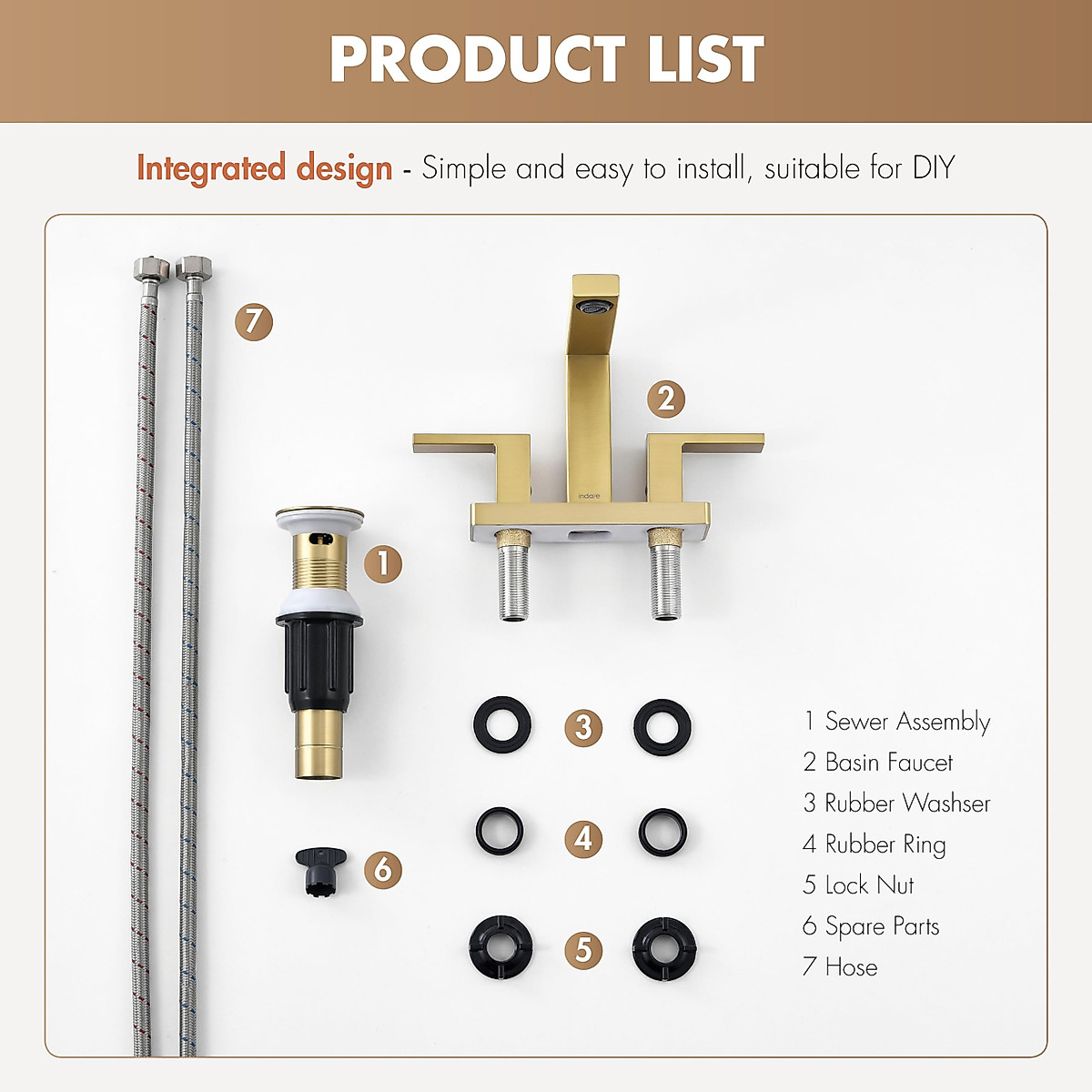 INDARE 2 Handle Centerset Bathroom Faucet， Gold Bathroom Faucets for Sink 3 Hole， 4-Inch Bathroom Sink Faucet， Bathroom Faucets with Pop-Up Drain & Supply Lines， Brushed Gold，110107-BG-1