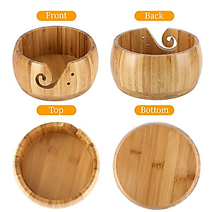 Yarn Bowl Holder, Wooden Craft Knitting Bowl for Crochet with 8pcs Metal Hooks, 6.7"Crochet Storage Organizer Knitting Accessories (bamboo)