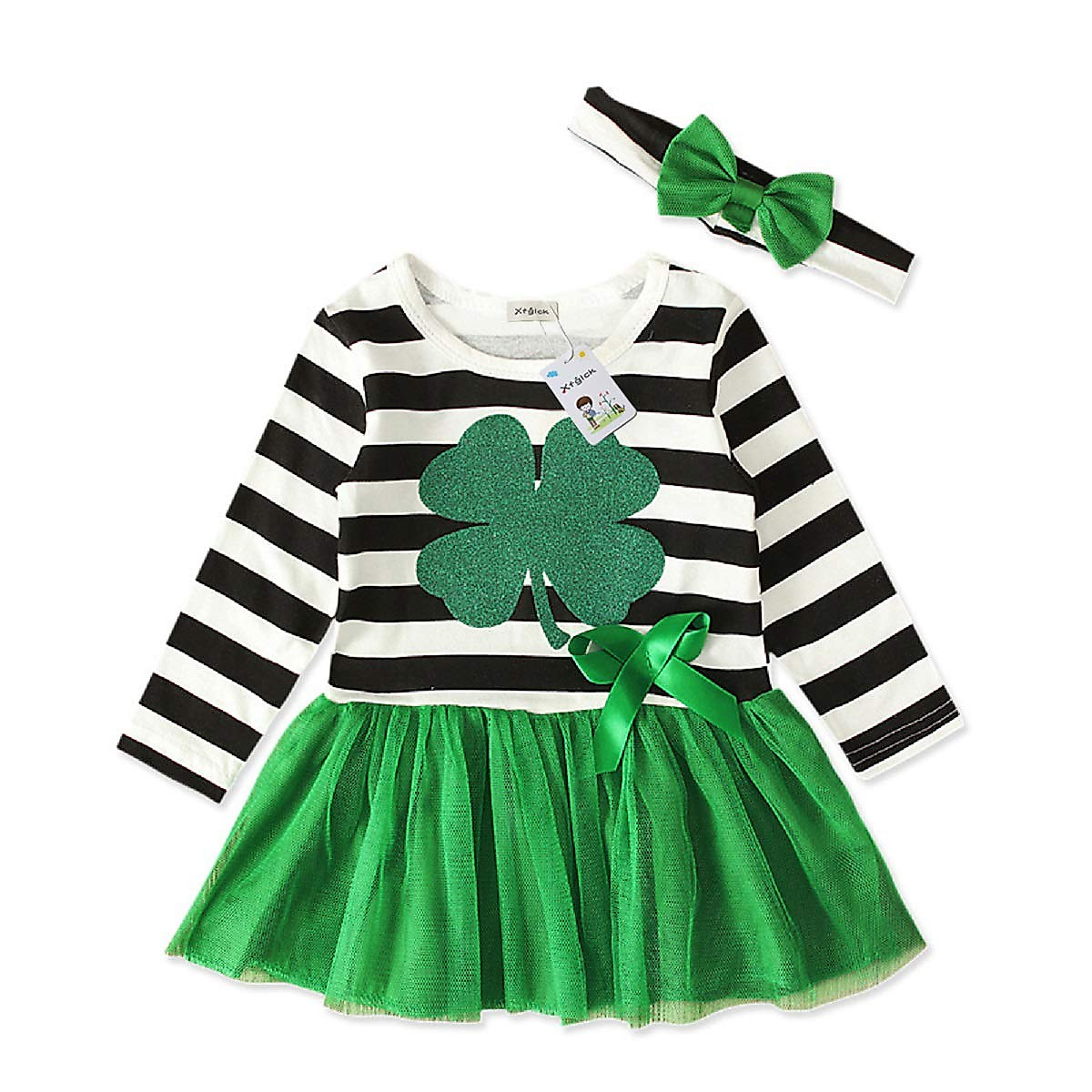 XFGLCK Toddler Baby Girls St.Patrick’s Day Striped Dress Outfits Shamrock Princess Party Dress Playwear Tutu Skirt + Headband (Green, 2T / 3T)