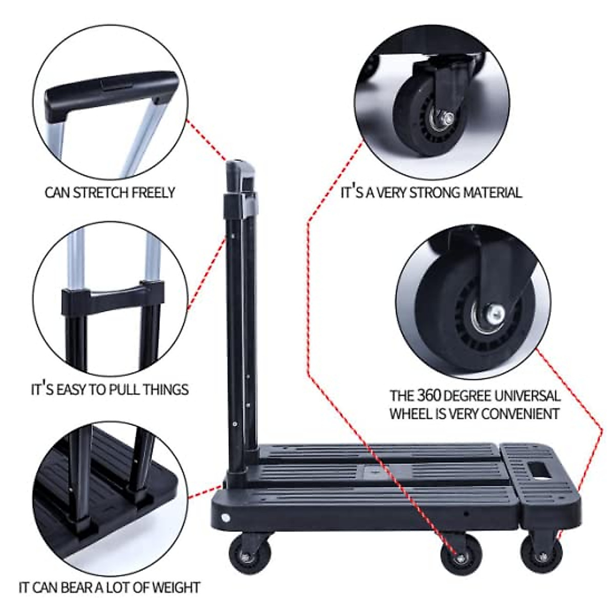 Hand cart Luggage cart Flat Dolly, Folding, Utility Dolly Lightweight Cart with 6 Wheels ，Travel Moving Shopping Office Use，Black