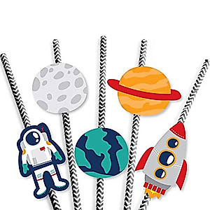 Blast Off to Outer Space - Paper Straw Decor - Rocket Ship Baby Shower or Birthday Party Striped Decorative Straws - Set of 24