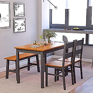 Alohappy Dining Table Set for 4, Solid Wood Kitchen Table with 2 Chairs and Bench, 4-Person Space-Saving Dinette Table for Kitchen, Dining Room, Sturdy Structure Easy Assembly