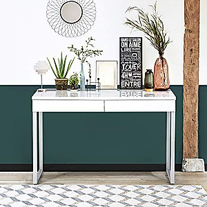 GreenForest Vanity Desk with 2 Drawers Glossy White 47 inch Modern Home Office Computer Writing Desk Makeup Dressing Table with Metal Silver Legs for Bedroom,Without Mirror