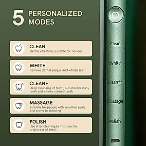Flexforce Electric Toothbrush Adult, Rotating, Whitening Teeth Without Hurting Gums, 4 Replacement Toothbrush Heads, 1 Travel Box, 1 Dental Floss, Inductive Rechargeable, 5 Cleaning Modes, Green