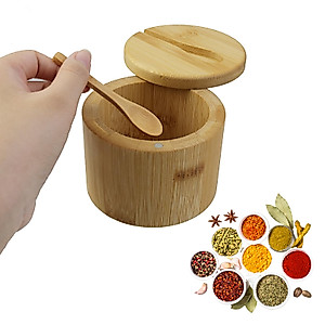 KUMGROT Wooden Salt Cellar Set Kitchen Salt Box with Mini Built-in Spoon and Magnetic Lid Round Salt Container Spices Storage Box for Spice Bath Salt Sugar Pepper