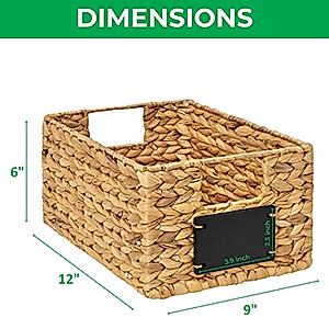 BARIEN 6 Pcs 12" x 9" x 6" Natural Water Hyacinth Storage Baskets, Rectangular Wicker Basket with Built-in Handles, Woven Cube Storage Bin with Chalkboard Label Chalk Marker (Natural - Set of 6)