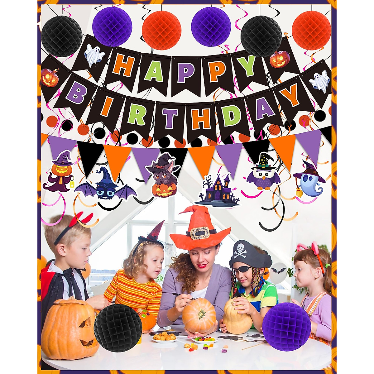 Happy Birthday Banner Halloween Birthday Party Decorations, Paper Pom Poms Triangle Flag Halloween Sign Hanging Garland Swirls Halloween Streamers for Birthday Party Supplies