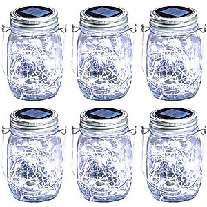 Nintiue Mason Jar Solar Lights, 6 Pack 30 LEDs Fairy Lights with Jars and Hangers, IPX6 Waterproof Hanging Solar Lights Outdoor, Decorative Solar Lanterns for Garden Fence Patio Wedding