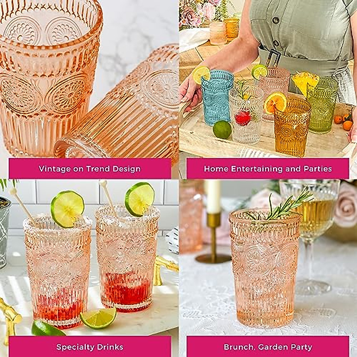 Vintage Textured Rose Gold Striped Drinking Glasses Set of 6, (13 oz) Ribbed Glassware Set | Cocktail Set, Ice Tea Glasses, Juice Glass, Water Cups