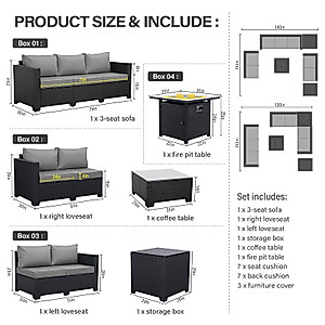 6 PCS Patio Furniture Set Fire Table Outdoor Furniture Sets Gas Fire Pit with Outdoor Storage Box Glass Coffee Table and Waterproof Covers Anti-Slip Grey Cushions