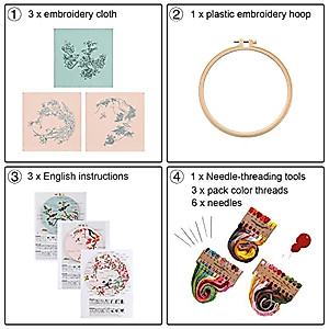 Anidaroel 3 Sets Embroidery Starters Kit for Beginners, Cross Stitch Kits for Adults Include 3 Embroidery Cloth with Birds Pattern, 1 Embroidery Hoop, Color Threads and Needles