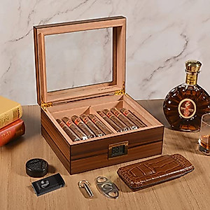 CIGAIOL Handcraft Cigar Kits with Cutter and Lighter, Luxurious Humidor Cigar Box Hold 30-50 Cigars 100% Cedar Wood Case with Digital Cigar Hygrometer/Travel humidor (No Cigars, no Batteries, no Gas)