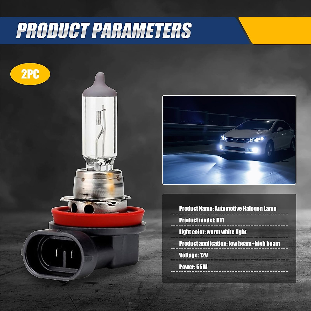 gunhunt 2 PCS Car H11-55W Halogen Bulb, 12V Quartz Lamp Ultra-bright Beam Low/High Beam Fog Light Replacement, All-in-one Plug and Play Bulb, Universal Lighting Accessories for Cars (White)