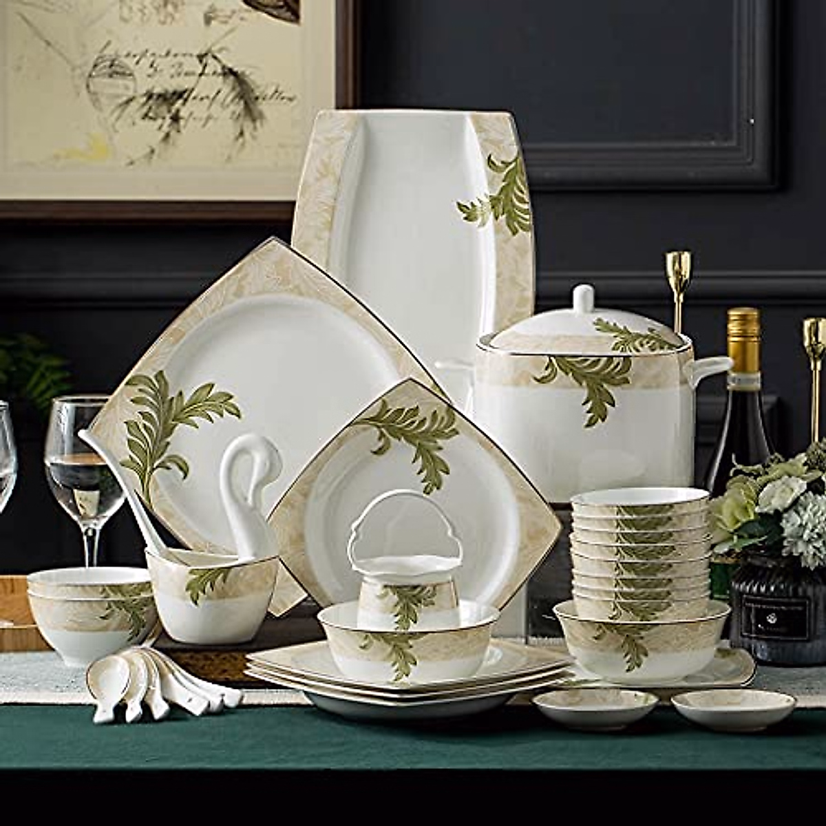 Porcelain Dinner Service,Stylish Ceramics Dinner Sets, Cereals Bowl & Soup Pot & Plate | 58 Pieces Bone China Dinnerware Set for Wedding Gifts and Family Gathering